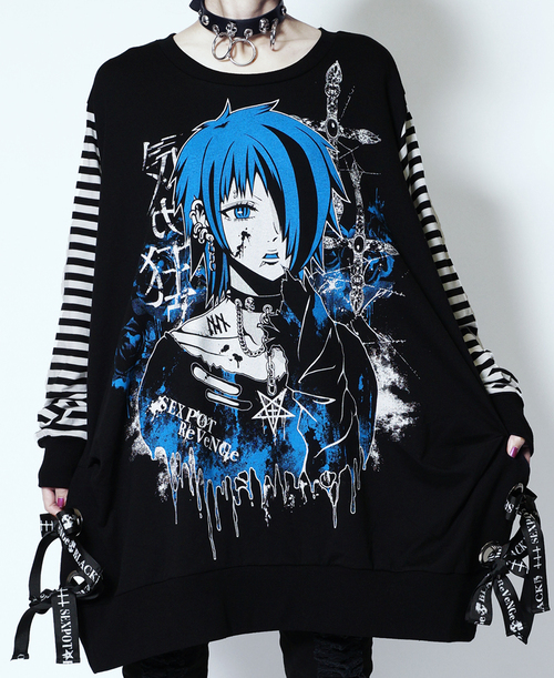 [APPAREL]/セックスポットリベンジ/猛毒バンギャ LOGO RIBBON ビッグ カットソー 白黒ボーダー + 黒 x 白 + 水色 (F) ゴスロリ・パンク/SEX POT ReVeNGe