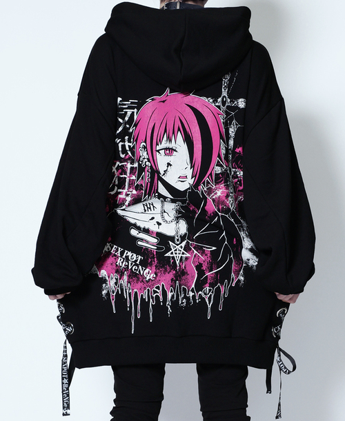 [APPAREL]/セックスポットリベンジ/猛毒バンギャ SIDE LACE UP BLACK RITUAL ZIP パーカ 黒 x 白 + ピンク (F) ゴスロリ・パンク/SEX POT ReVeNGe