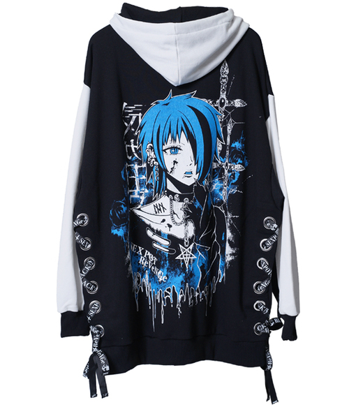 [APPAREL]/セックスポットリベンジ/猛毒バンギャ SIDE LACE UP BLACK RITUAL ZIP パーカ 白 + 黒 x 白 + 水色 (F) ゴスロリ・パンク/SEX POT ReVeNGe