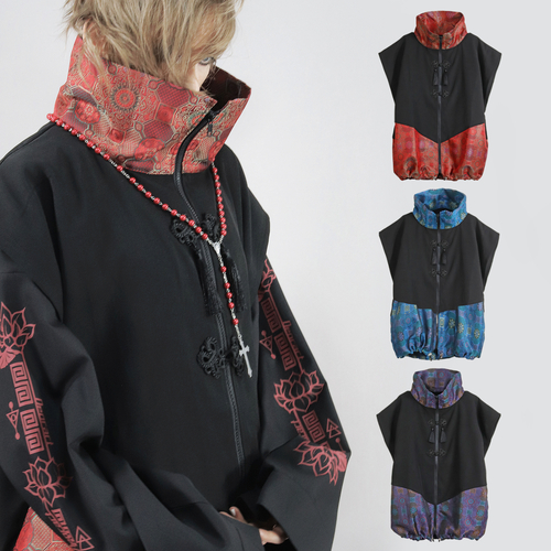 [APPAREL]/ディオラート/チャイナ・中華ボタン ジレ ベスト[中華柄切替え] ブラック x レッド (M) ゴスロリ・パンク/Deorart