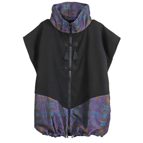 [APPAREL]/ディオラート/チャイナ・中華ボタン ジレ ベスト[中華柄切替え] ブラック x パープル (M) ゴスロリ・パンク/Deorart