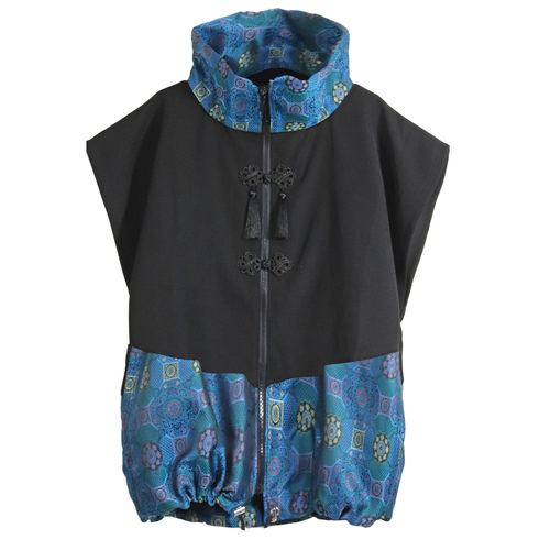 [APPAREL]/ディオラート/チャイナ・中華ボタン ジレ ベスト[中華柄切替え] ブラック x ブルー (M) ゴスロリ・パンク/Deorart