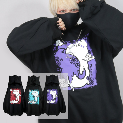[APPAREL]/ディオラート/オーバーサイズ ネコ耳フード・プルパーカー [ 白狐 ] ブラック×パープル (F) ゴスロリ・パンク/Deorart