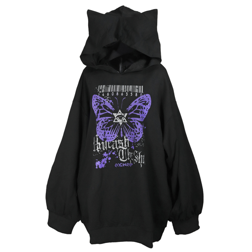 [APPAREL]/ディオラート/オーバーサイズ ネコ耳フード・プルパーカー [ butterfly eye ] ブラック×パープル (F) ゴスロリ・パンク/Deorart