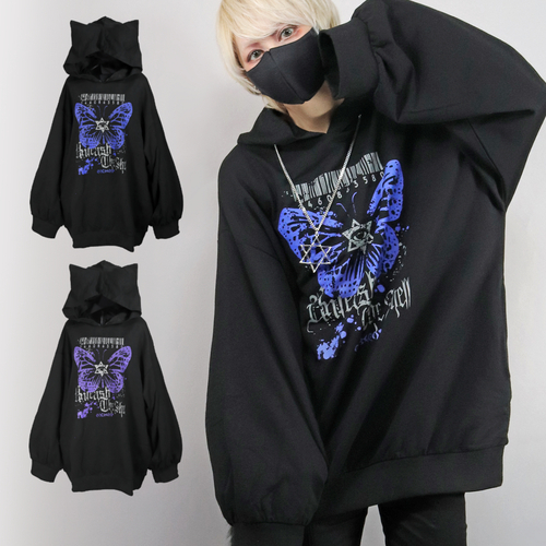 [APPAREL]/ディオラート/オーバーサイズ ネコ耳フード・プルパーカー [ butterfly eye ] ブラック×ブルー (F) ゴスロリ・パンク/Deorart