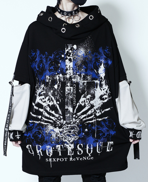 [APPAREL]/セックスポットリベンジ/GROTESQUE PUNKISH HIGH NECK デザイン カットソー 白 + 黒×白 + 青 + シルバー (F) ゴスロリ・パンク/SEX POT ReVeNGe