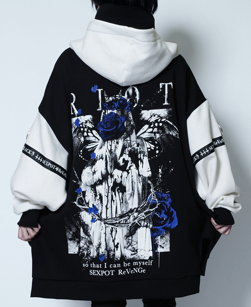 [APPAREL]/セックスポットリベンジ/RIOT LOGO BELT DESIGN SLEEVE HIGH NECK ジップ パーカ 白 + 黒×白 + 青 (F) ゴスロリ・パンク/SEX POT ReVeNGe