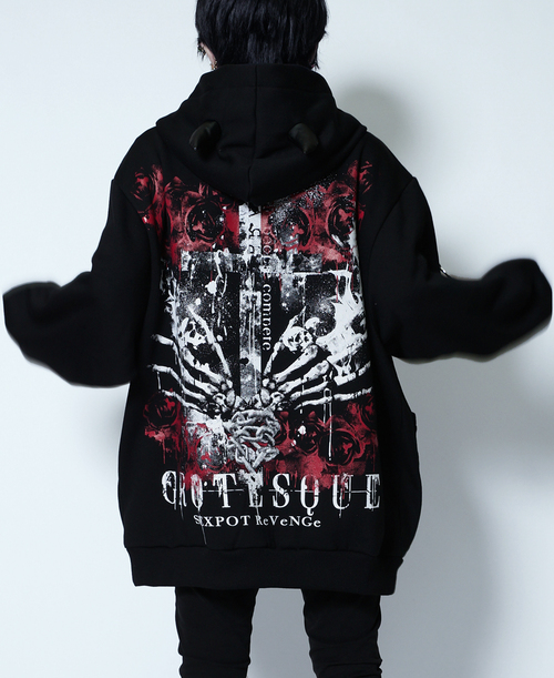 [APPAREL]/セックスポットリベンジ/GROTESQUE SID RING BONDAGE DESIGN DEVIL ジップ パーカ 黒×白 + 赤 (F) ゴスロリ・パンク/SEX POT ReVeNGe