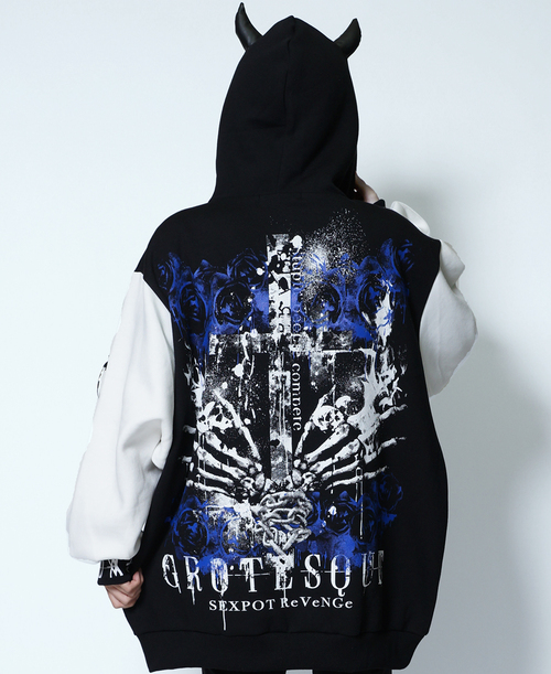 [APPAREL]/セックスポットリベンジ/GROTESQUE SID RING BONDAGE DESIGN DEVIL ジップ パーカ 白 + 黒×白 + 青 (F) ゴスロリ・パンク/SEX POT ReVeNGe