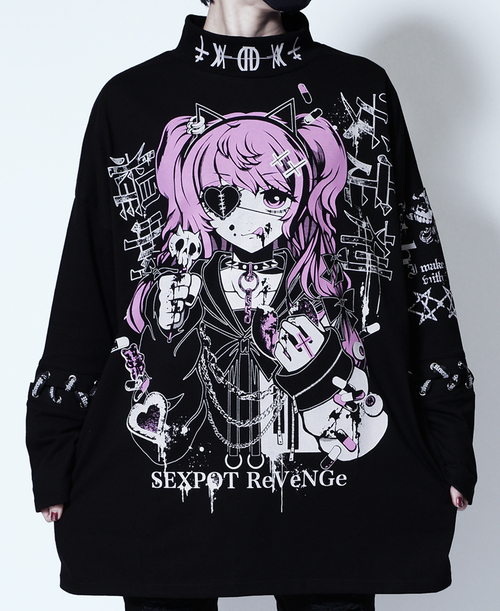 [APPAREL]/セックスポットリベンジ/精神安定剤 LACE UP SLEEVE MOCK NECK BLACK カットソー 黒 x 白+ ピンク (F) ゴスロリ・パンク/SEX POT ReVeNGe