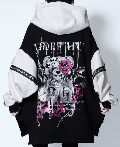 [APPAREL]/セックスポットリベンジ/MURDER BEAR LOGO BELT DESIGN SLEEVE HIGH NECK ジップ パーカ 白+ 黒 x 白+ ピンク (F) ゴスロリ・パンク/SEX POT ReVeNGe