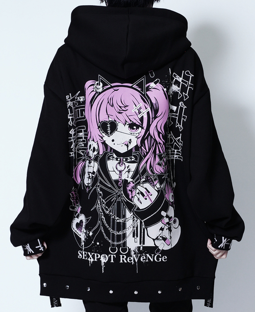 [APPAREL]/セックスポットリベンジ/精神安定剤 LOGO BELT BONDAGE DESIGN BLACK ZIP パーカ 黒 x 白+ ピンク (F) ゴスロリ・パンク/SEX POT ReVeNGe