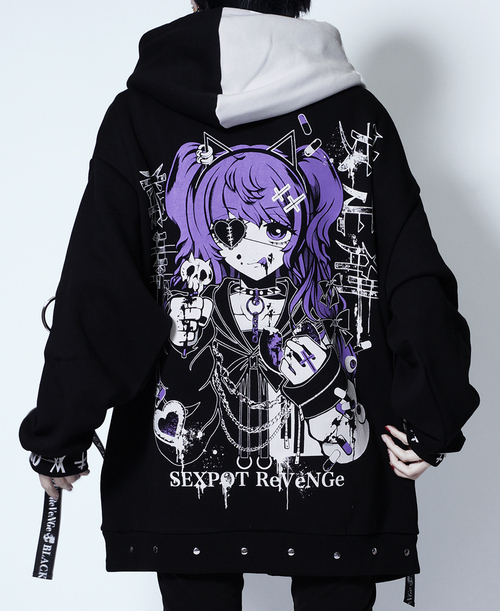 [APPAREL]/セックスポットリベンジ/精神安定剤 LOGO BELT BONDAGE DESIGN BLACK ZIP パーカ 白+ 黒 x 白+ 紫 (F) ゴスロリ・パンク/SEX POT ReVeNGe