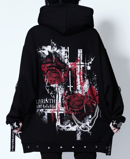 [APPAREL]/セックスポットリベンジ/LABYRINTH LOGO BELT BONDAGE DESIGN BLACK ZIP パーカ 黒 x 白+ 赤 (F) ゴスロリ・パンク/SEX POT ReVeNGe