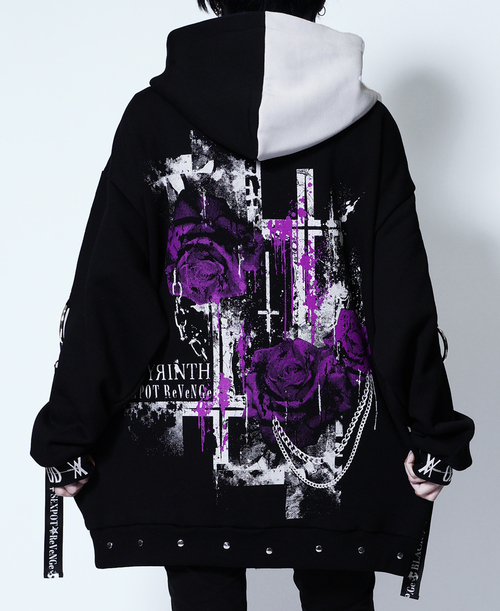 [APPAREL]/セックスポットリベンジ/LABYRINTH LOGO BELT BONDAGE DESIGN BLACK ZIP パーカ 白+ 黒 x 白+ 紫 (F) ゴスロリ・パンク/SEX POT ReVeNGe