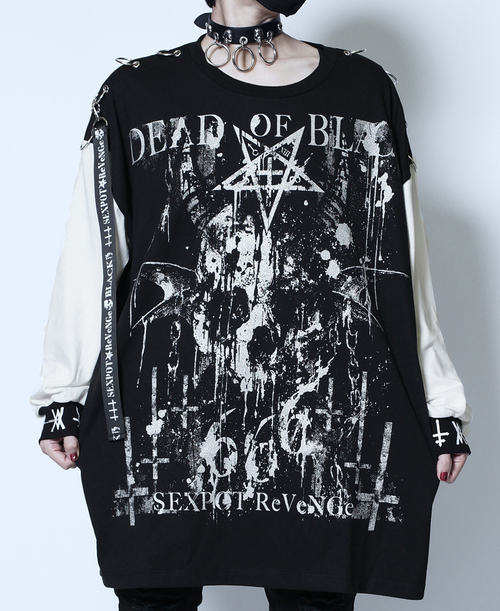 [APPAREL]/セックスポットリベンジ/DEAD OF BLACK SID RING SHOULDER DESIGN Big カットソー 白＋黒×白＋シルバー (F) ゴスロリ・パンク/SEX POT ReVeNGe
