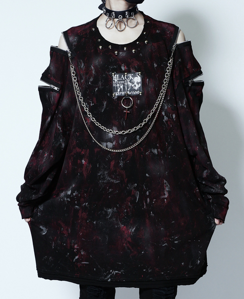 [APPAREL]/セックスポットリベンジ/DEATH13 DESTROY PUNK CUSTOM ロングスリーヴ カットソー RED 黒×レッド系ペイント (F) ゴスロリ・パンク/SEX POT ReVeNGe