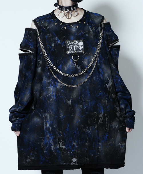 [APPAREL]/セックスポットリベンジ/DEATH13 DESTROY PUNK CUSTOM ロングスリーヴ カットソー BLE 黒×ブルー系ペイント (F) ゴスロリ・パンク/SEX POT ReVeNGe