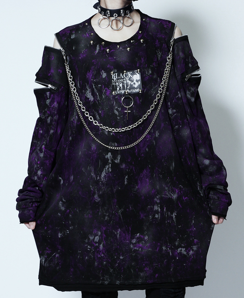 [APPAREL]/セックスポットリベンジ/DEATH13 DESTROY PUNK CUSTOM ロングスリーヴ カットソー PRE 黒×パープル系ペイント (F) ゴスロリ・パンク/SEX POT ReVeNGe