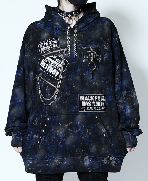 [APPAREL]/セックスポットリベンジ/VANDAL DESTROY PUNK CUSTOM プルパーカ BLE 黒×ブルー系ペイント (F) ゴスロリ・パンク/SEX POT ReVeNGe