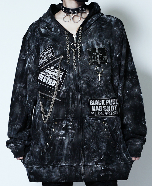 [APPAREL]/セックスポットリベンジ/VANDAL DESTROY PUNK CUSTOM ZIP パーカ WHT 黒×ホワイト系ペイント (F) ゴスロリ・パンク/SEX POT ReVeNGe