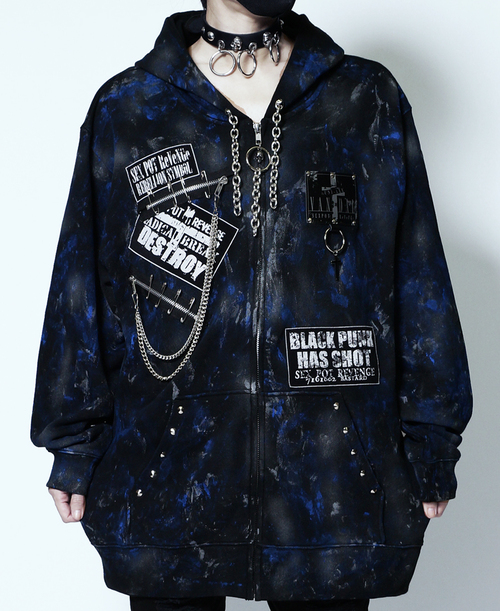 [APPAREL]/セックスポットリベンジ/VANDAL DESTROY PUNK CUSTOM ZIP パーカ BLE 黒×ブルー系ペイント (F) ゴスロリ・パンク/SEX POT ReVeNGe