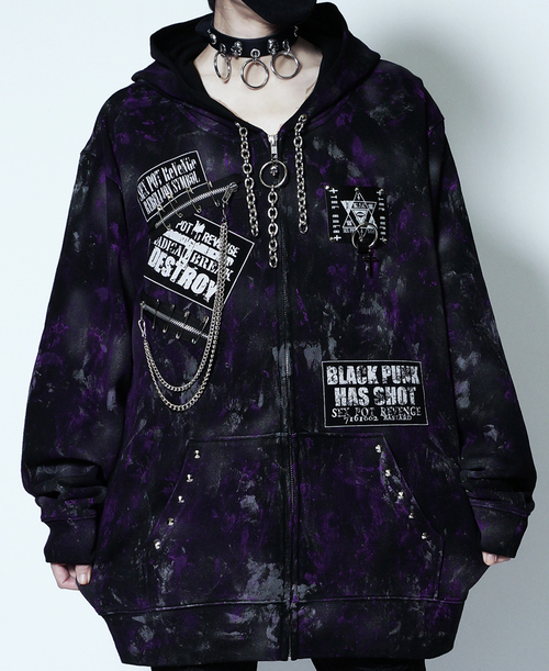 [APPAREL]/セックスポットリベンジ/END DESTROY PUNK CUSTOM ZIP パーカ 黒×パープル系ペイント (F) ゴスロリ・パンク/SEX POT ReVeNGe