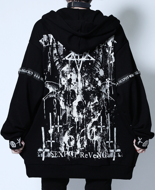 [APPAREL]/セックスポットリベンジ/DEAD OF BLACK SID RING PUNKISH SLEEVE RIDERS ジップ パーカ 黒×白 (F) ゴスロリ・パンク/SEX POT ReVeNGe