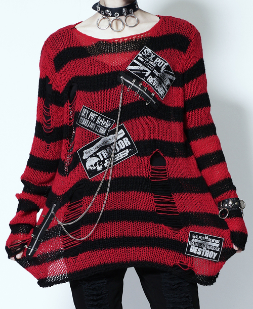 [APPAREL]/セックスポットリベンジ/DESTROY PUNK CUSTOM ボーダー セーター RED 黒赤ボーダー (F) ゴスロリ・パンク/SEX POT ReVeNGe