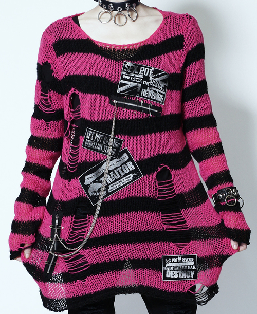 [APPAREL]/セックスポットリベンジ/DESTROY PUNK CUSTOM ボーダー セーター PNK 黒ピンクボーダー (F) ゴスロリ・パンク/SEX POT ReVeNGe