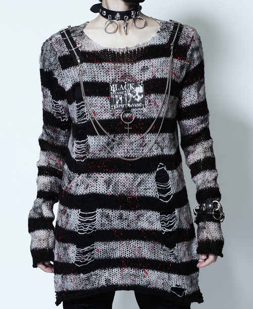 [APPAREL]/セックスポットリベンジ/DESTROY PUNK GRUNGE CUSTOM ボーダー セーター WHT 黒白ボーダー (F) ゴスロリ・パンク/SEX POT ReVeNGe