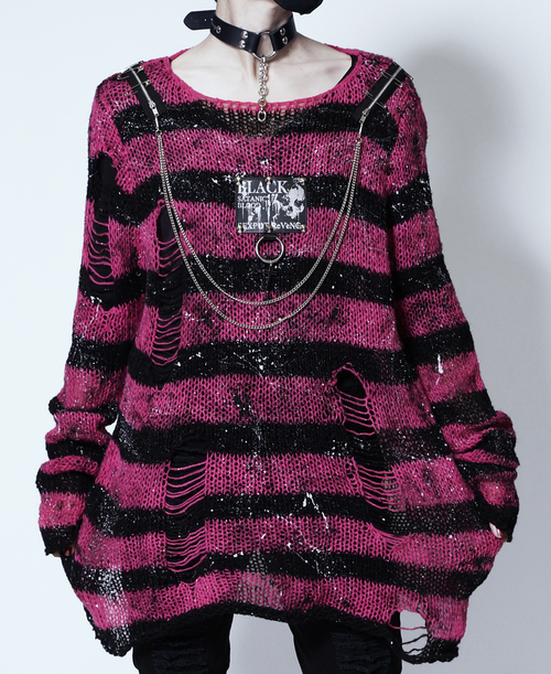 [APPAREL]/セックスポットリベンジ/DESTROY PUNK GRUNGE CUSTOM ボーダー セーター PNK 黒ピンクボーダー (F) ゴスロリ・パンク/SEX POT ReVeNGe