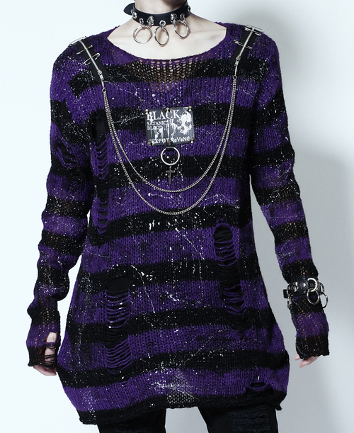 [APPAREL]/セックスポットリベンジ/DESTROY PUNK GRUNGE CUSTOM ボーダー セーター PRE 黒紫ボーダー (F) ゴスロリ・パンク/SEX POT ReVeNGe