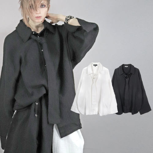 [APPAREL]/ディオラート/ネクタイ付・Wガーゼ ダメージシャツ ブラック (L) ゴスロリ・パンク/Deorart