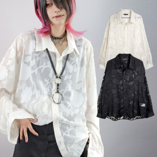 [APPAREL]/ディオラート/透け感 シアー・ジャガードシャツ[薔薇柄] ホワイト (M) ゴスロリ・パンク/Deorart