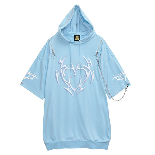 [APPAREL]/リッスンフレーバー/メタルハートの肩ジップチェーン半袖パーカー LIGHT BLUE (F) ゴスロリ・パンク/LISTEN FLAVOR