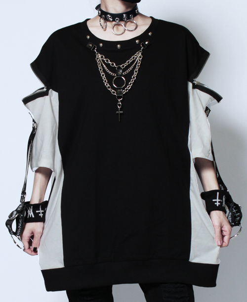[APPAREL]/セックスポットリベンジ/CUSTOM BONDAGE WRIST SHOULDER ZIP カットソー 黒＋白 (F) ゴスロリ・パンク/SEX POT ReVeNGe