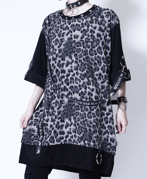 [APPAREL]/セックスポットリベンジ/PUNKISH LOGO BELT LEOPARD レイヤード カットソー 黒＋ヒョウ (F) ゴスロリ・パンク/SEX POT ReVeNGe