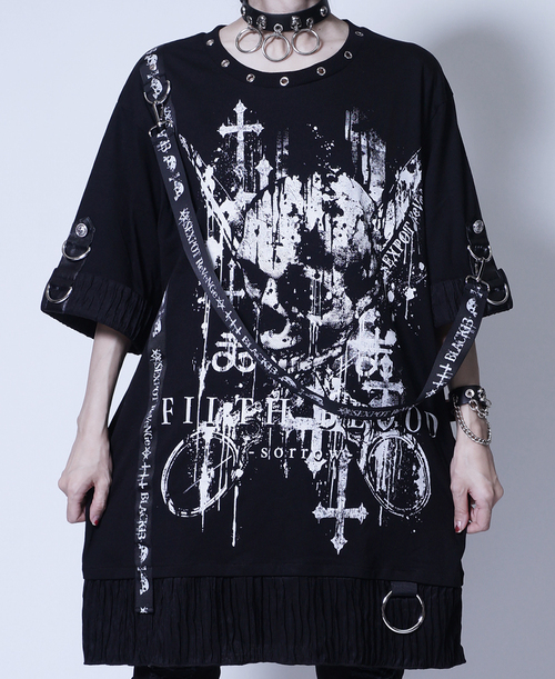 [APPAREL]/セックスポットリベンジ/FILTH BLOOD PUNKISH LOGO BELT BLACK レイヤード カットソー 黒×白 (F) ゴスロリ・パンク/SEX POT ReVeNGe