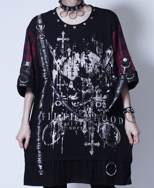 [APPAREL]/セックスポットリベンジ/FILTH BLOOD PUNKISH LOGO BELT CHECK レイヤード カットソー 黒＋赤チェック×シルバー (F) ゴスロリ・パンク/SEX POT ReVeNGe