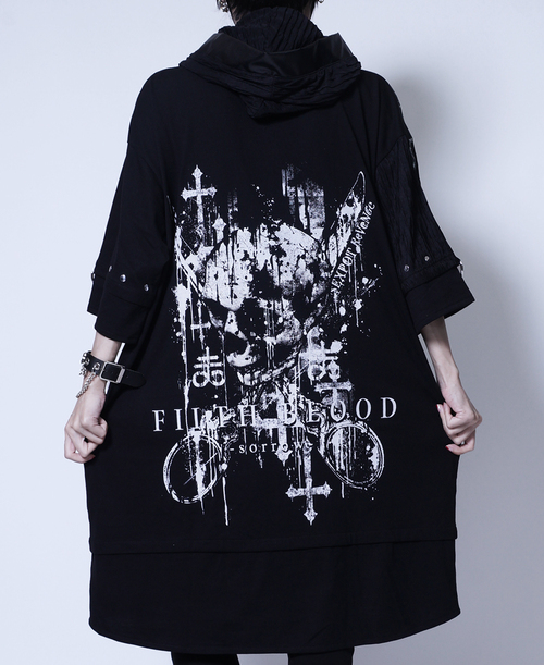 [APPAREL]/セックスポットリベンジ/FILTH BLOOD PUNKISH SID RING WASHER LAYERED シャツ パーカ 黒×白 (F) ゴスロリ・パンク/SEX POT ReVeNGe