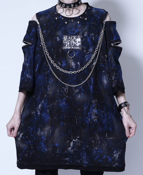 [APPAREL]/セックスポットリベンジ/DEATH13 DESTROY PUNK CUSTOM ビッグ カットソー BLE 黒＋ブルー系ペイント (F) ゴスロリ・パンク/SEX POT ReVeNGe