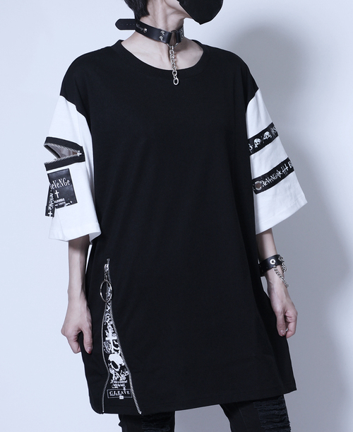 [APPAREL]/セックスポットリベンジ/ZIP DETAIL デザイン カットソー 黒＋白 (F) ゴスロリ・パンク/SEX POT ReVeNGe