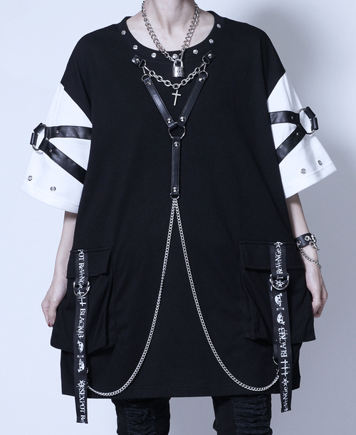 [APPAREL]/セックスポットリベンジ/CUSTOM BLACK ROCK BONDAGE ビッグ カットソー 黒＋白 (F) ゴスロリ・パンク/SEX POT ReVeNGe