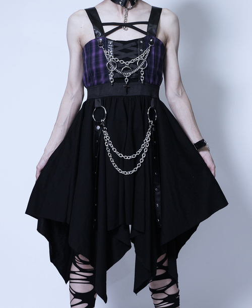 [APPAREL]/セックスポットリベンジ/CUSTOM BLACK ROCK CHECK ワンピース 黒＋紫チェック (F) ゴスロリ・パンク/SEX POT ReVeNGe