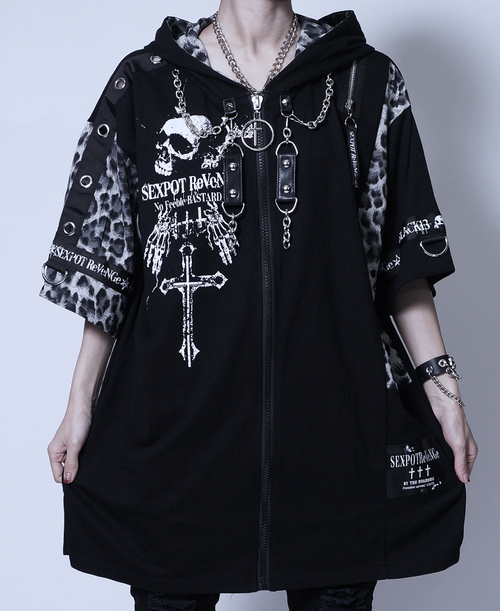 [APPAREL]/セックスポットリベンジ/CUSTOM ASYMMETRY DESIGN BLACK ROCK LEOPARD ZIP パーカ 黒＋ヒョウ (F) ゴスロリ・パンク/SEX POT ReVeNGe