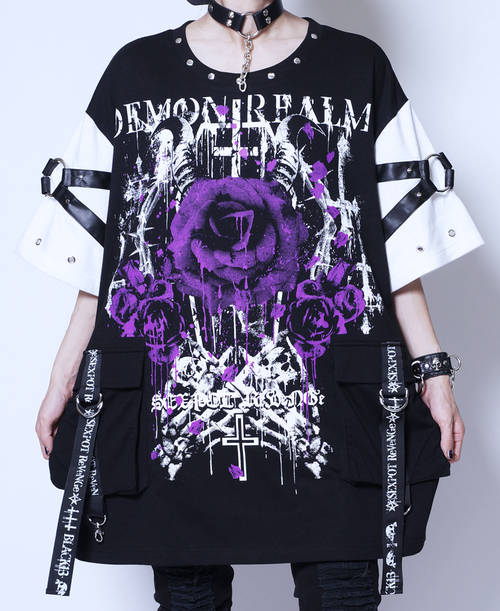 [APPAREL]/セックスポットリベンジ/DEMON REALM BLACK ROCK BONDAGE ビッグ カットソー 黒＋白 x 白＋紫 (F) ゴスロリ・パンク/SEX POT ReVeNGe