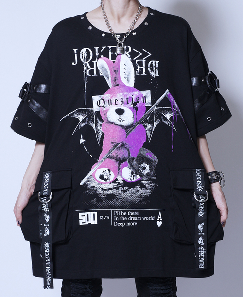 [APPAREL]/セックスポットリベンジ/DEATH BUNNY BLACK ROCK BONDAGE ビッグ カットソー 黒 x 白＋ピンク紫グラデ (F) ゴスロリ・パンク/SEX POT ReVeNGe