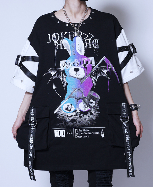 [APPAREL]/セックスポットリベンジ/DEATH BUNNY BLACK ROCK BONDAGE ビッグ カットソー 黒＋白 x 白＋水色紫グラデ (F) ゴスロリ・パンク/SEX POT ReVeNGe