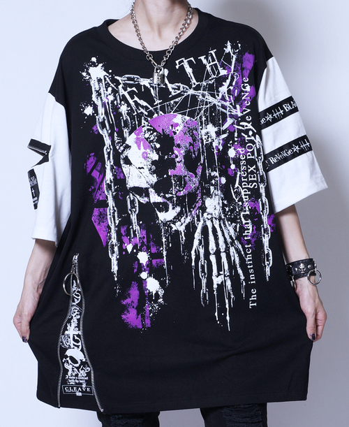 [APPAREL]/セックスポットリベンジ/FILTH ZIP DETAIL デザイン カットソー 黒＋白 x 白＋紫 (F) ゴスロリ・パンク/SEX POT ReVeNGe